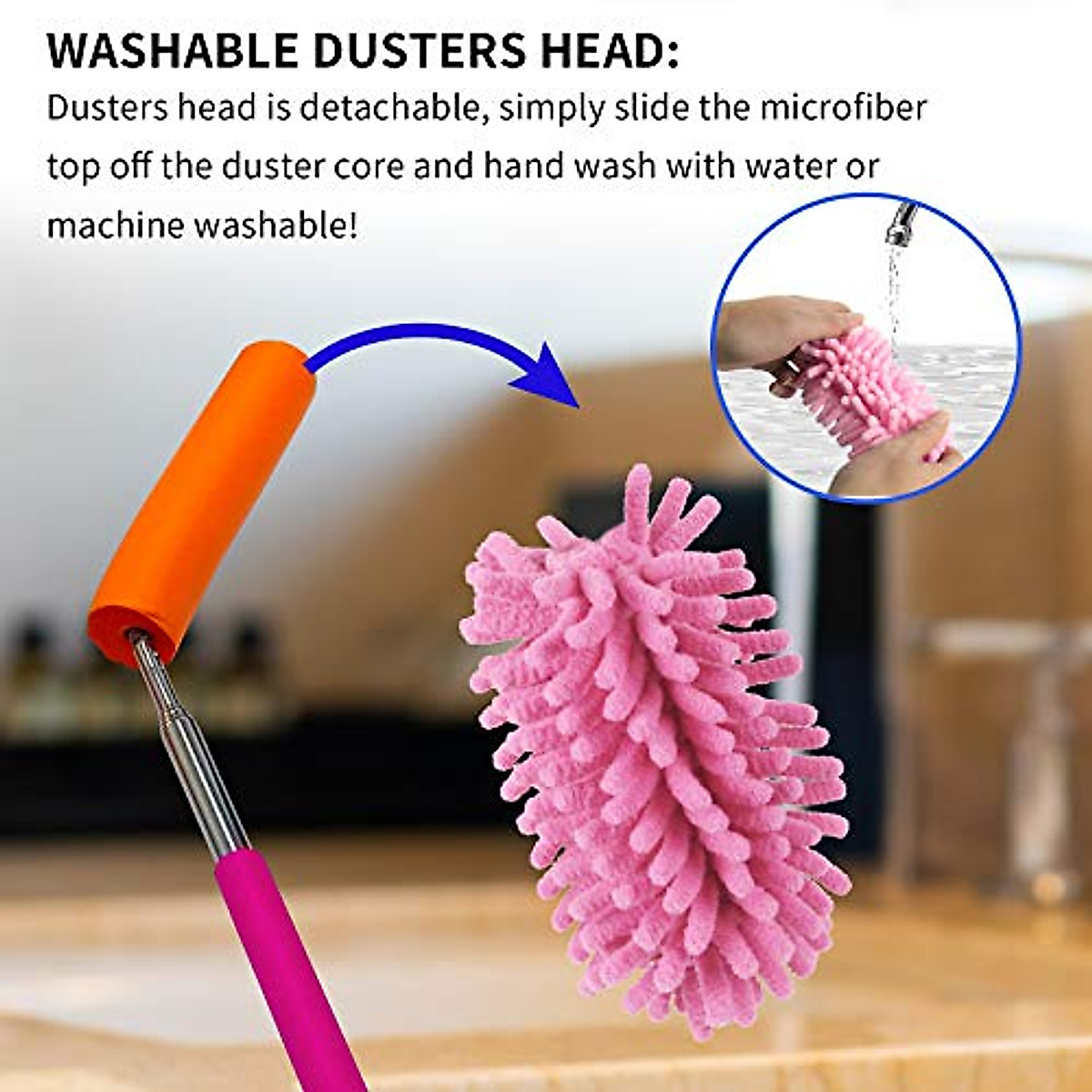 TIMIVO Microfiber Duster for Cleaning, Dusters with Telescoping Extension Pole, Extendable Washable Mini Dusters for Cleaning Car, Window, Furniture, Office (Pink Purple Rose red)