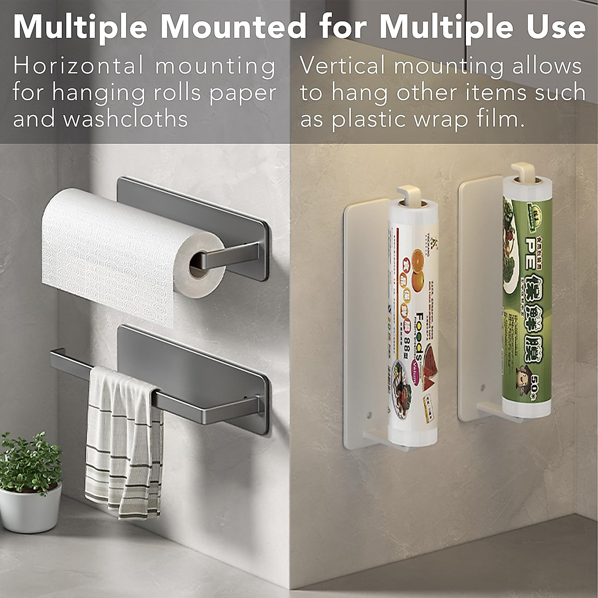 Esusom Paper Towel Holder Under Cabinet Rolls Plastic Cling Film Paper Towel Holder Adhesive for Kitchen Anti-Rust Metal Bathroom Toilet Paper Towel Holder Wall Mounted