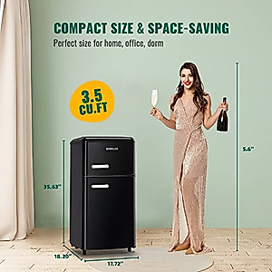 DEMULLER 3.5 Cu.ft Retro Mini Fridge with Freezer Dual Doors & Handles Compact Refrigerator with 7 Thermostat Control Freestanding Small Fridge with LED Light Kitchen Dorm Apartment Office Black