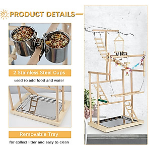 Ibnotuiy Pet Parrot Playstand Parrots Bird Playground Bird Play Stand Wood Perch Gym Playpen Ladder with Feeder Cups Bells for Cockatiel Parakeet (4 Layers)