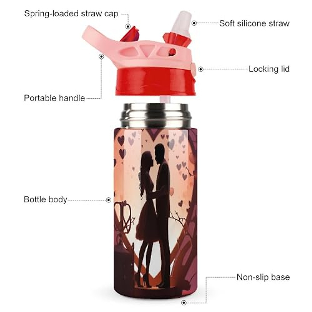 Stainless Steel Water Bottles Kissing Silhouette Travel Water Cups with Handle And Silicone Straw Drinking Cup with Leak Proof Lid Thermo Travel Mug for Women Men