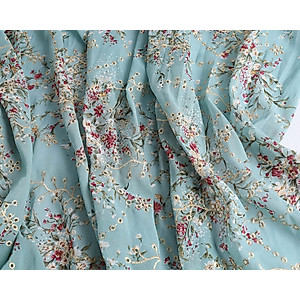 Embroidered Eyelets Chiffon Fabric Drape Floral Printing for Dresses Making 60 inch Wide (Grayish Green, Pre-Cut 4 Yards)