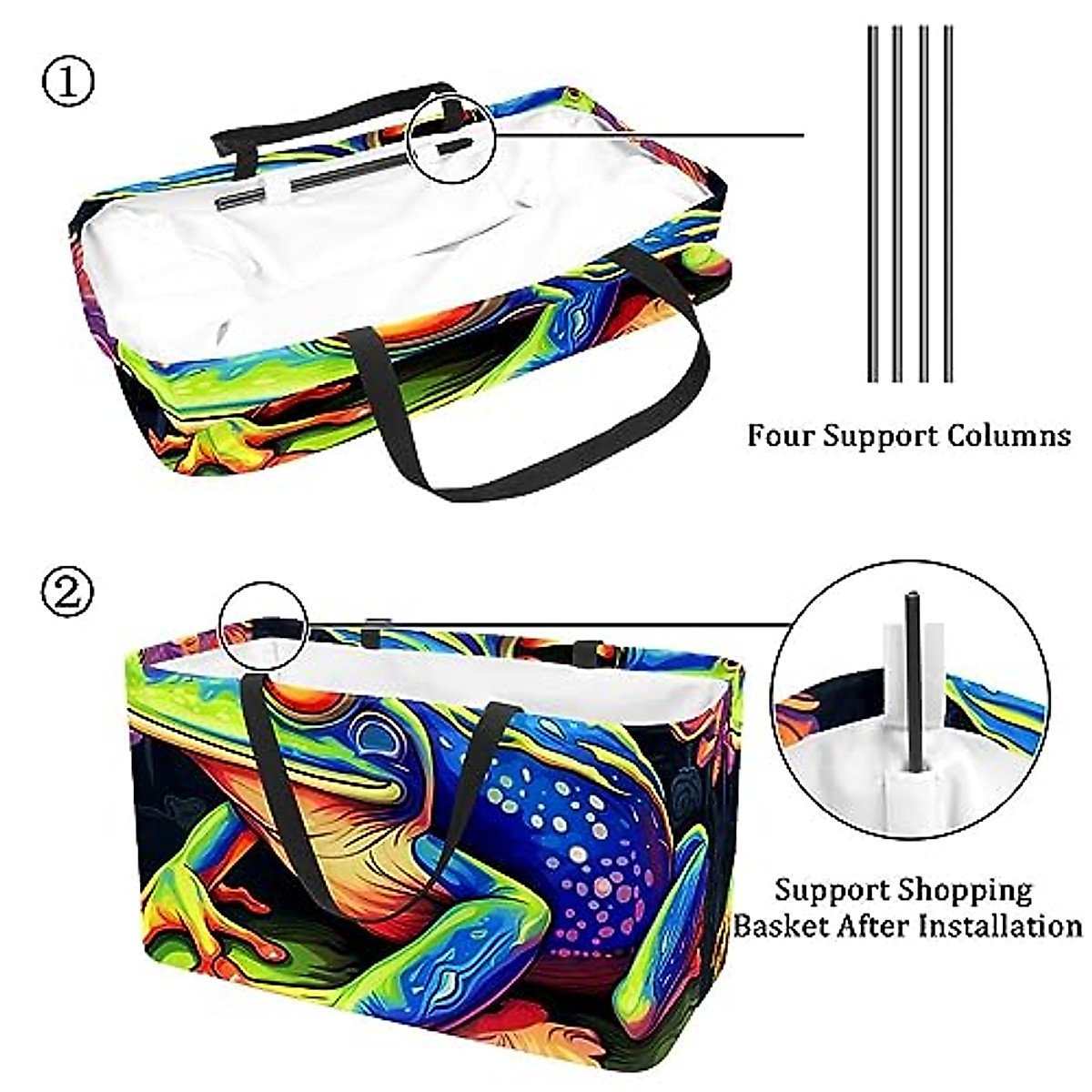 Reusable Grocery Bags Boxes Storage Basket, Red Eye Frog Pattern Collapsible Utility Tote Bags with Long Handle