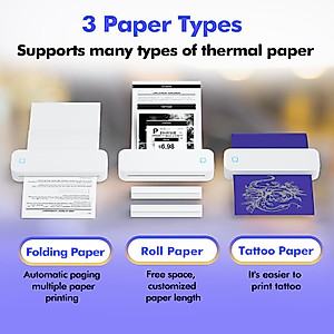 HXBER Inkless Printer, A4 Portable Thermal Transfer Printer Wireless Tattoo Transfer Printer Use with Mobile/Laptop 56mm/77mm/107mm/210mm/216mm(2in/3in/4in/8in/8.5in) US Letter A5 Paper Size for
