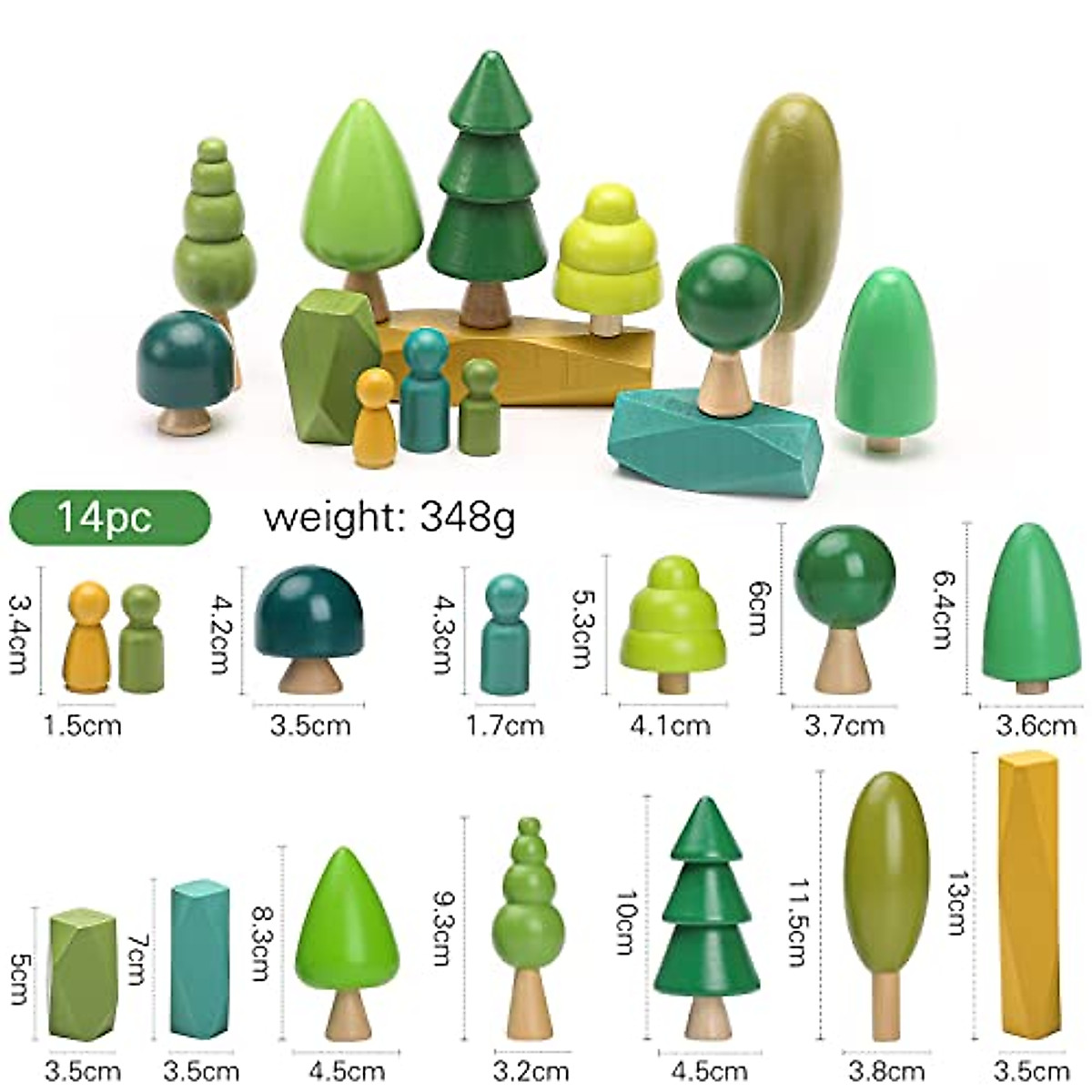 Macabaka Wooden Tree Toy Set 14 Pieces Wooden Sorting Stacking Balancing Stone Rocks Natural Wooden Mini Trees for Home Decor, Cake Topper and Montessori Toys