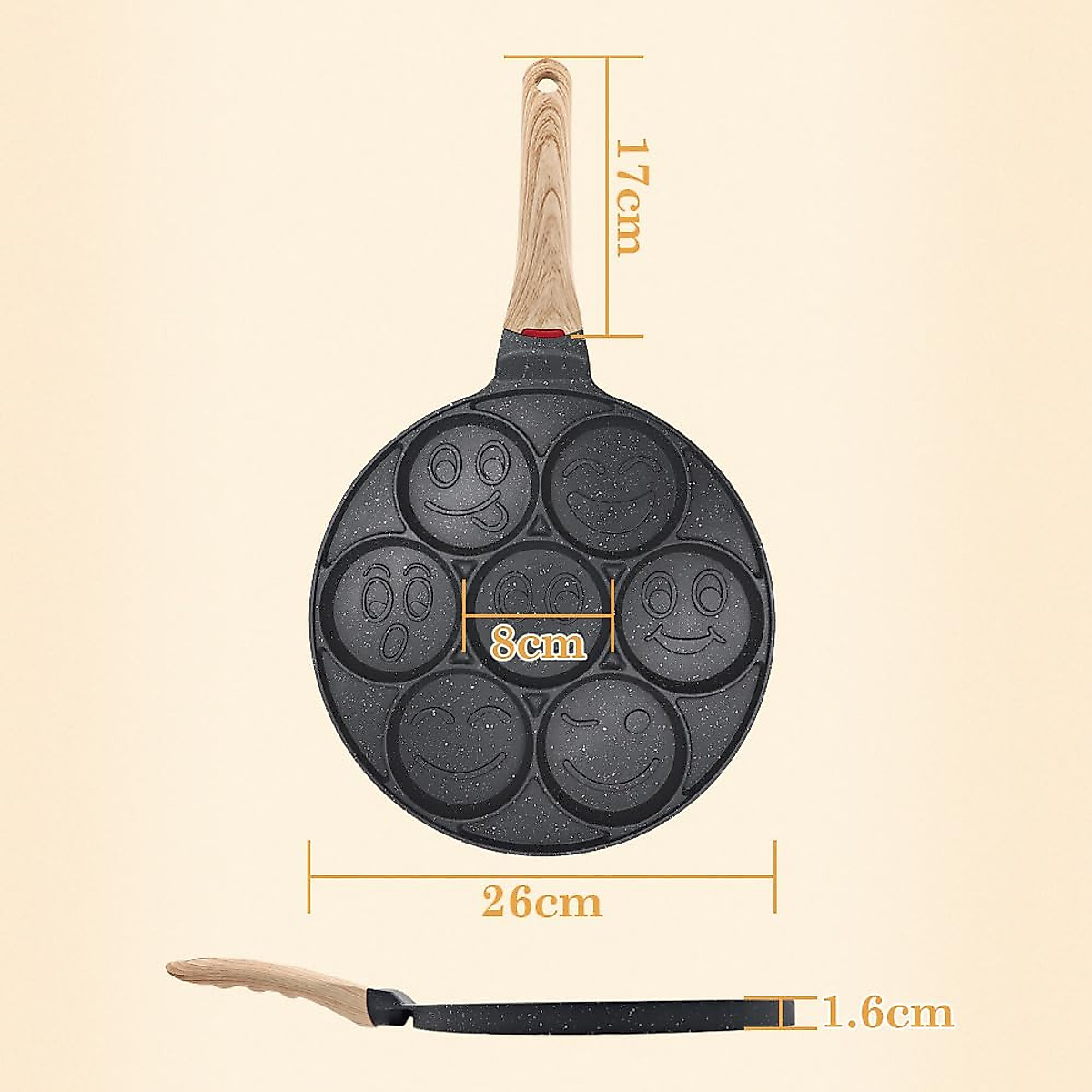 Bobikuke Nonstick Pancake Pan, Smiley Face Pancake Frying Pan, 7 Holes Mini Pancake Maker for Kids 10.4 in, Gas only - Black