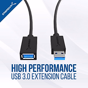 SABRENT 6 Ft 22AWG USB 3.0 Extension Cable - A-Male to A-Female in Black + 4-Port USB 3.0 Hub