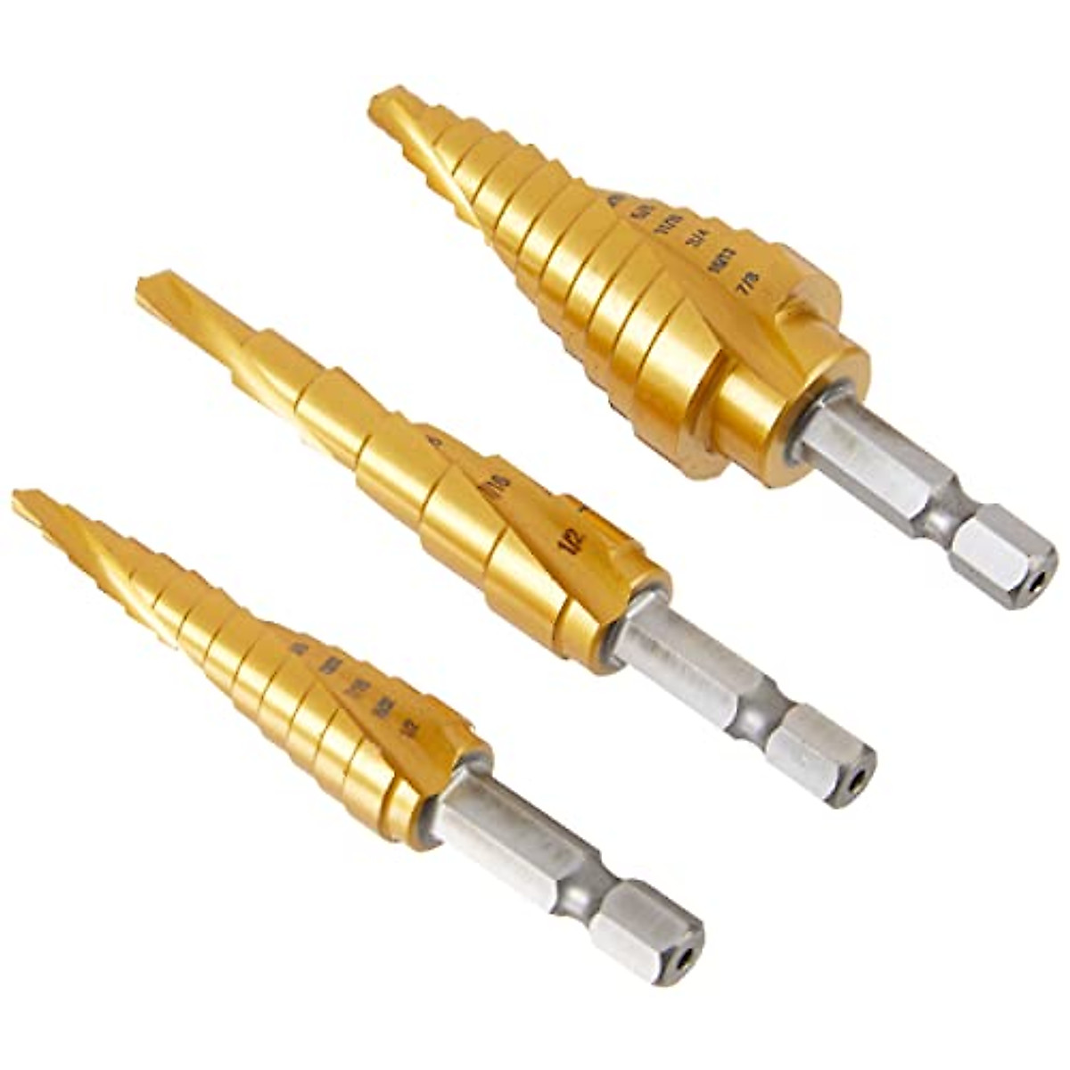 Amazon Brand - Denali 3-Piece Step Drill Bit Set, 1/8-1/2", 3/16-1/2", 3/16-7/8"