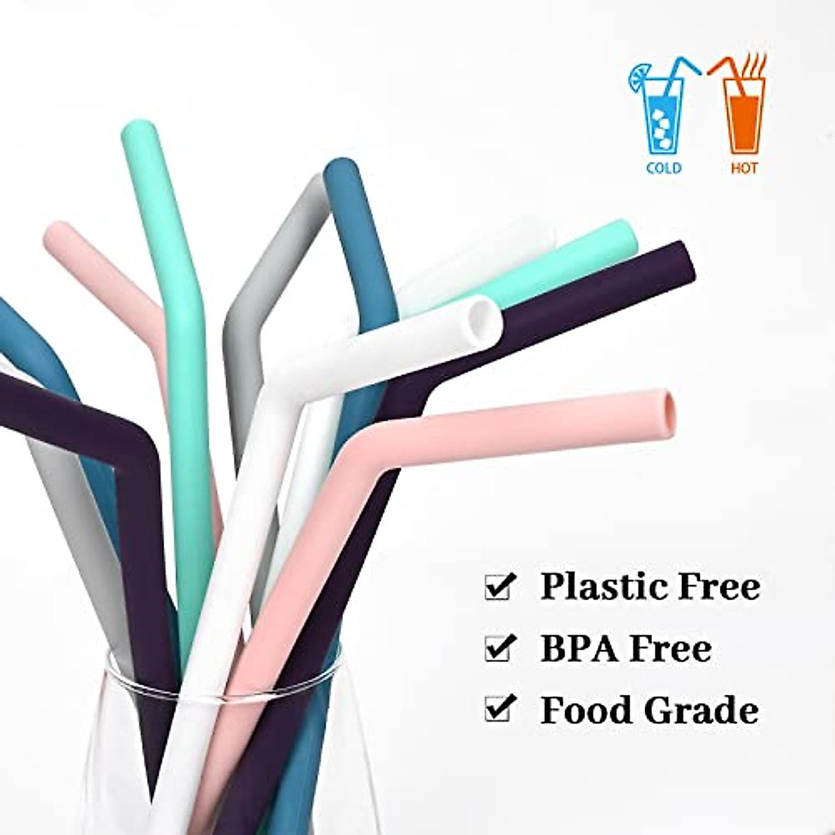 Elyum Set of 12 Reusable Silicone Straws, 10'' Extra Long Silicone Drinking Straws with 1 Bag and 2 Cleaning Brushes Multicolor BPA Free Smoothie Straw for 30oz and 20oz Tumblers (12 Bent)