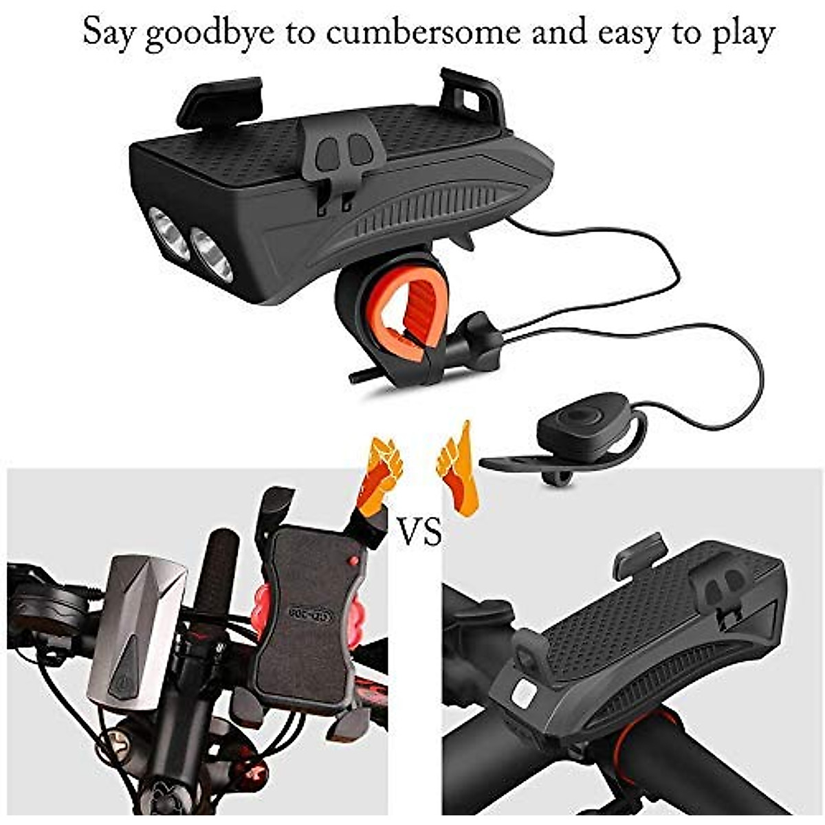 4-In-1 Bike Headlight, BessieSparks - Bicycle Horn, Phone Holder, USB Rechargeable Power Bank, Waterproof Adjustable Shock-Absorbing with LED Light & Horn, for 4 to 6.6 inches Phone