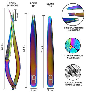 Eyebrow Tweezers Set – Pointed and Slanted Tweezers, Eyebrow Lash Trimming Scissors, Rainbow Professional Set