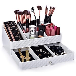 Masirs Cosmetic Storage Box Organizer - Compartments to Organize and Store your Makeup and Accessories. Drawer with Padding to Protect Jewelry. Will Sit Neatly on Vanity or Bathroom Countertop.