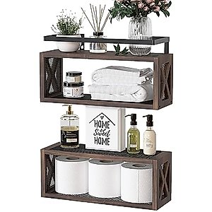 RICHER HOUSE Floating Shelves with Guardrail, Rustic Wood Shelves for Wall Décor, Farmhouse Bathroom Accessories Wall Mounted, Bathroom Wall Organizer over Toilet Storage, Kitchen, Living Room - Brown