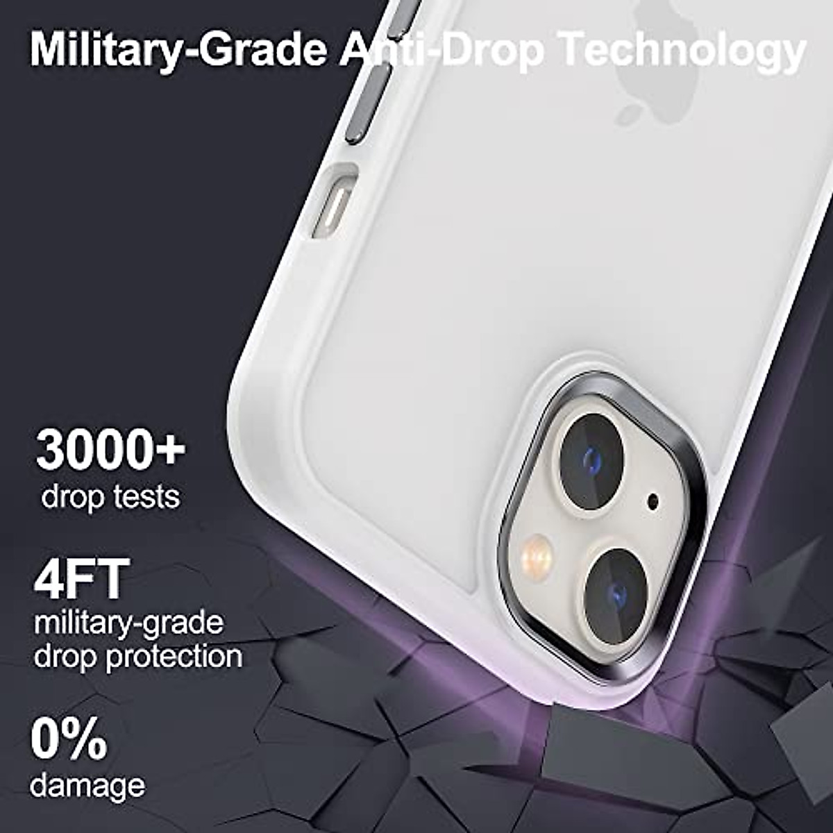 Shockproof Phone Case ,Compatible for iPhone 13 Case, 4FT Military Drop Protection Translucent Matte Hard Back with Soft Edge Airbag Protective Phone Cases for iPhone 13 6.1 inch 2021 (White)