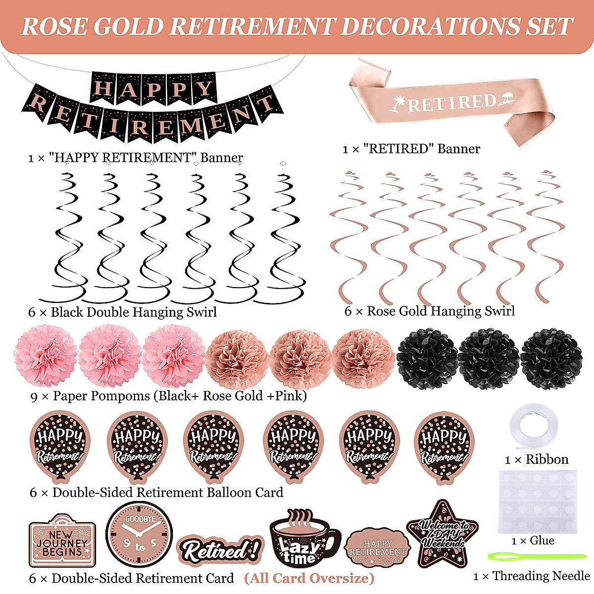 Retirement Decorations Women Rose Gold Happy Retirement Party Decorations Female (52pack) Happy Retirement Banner Gifts, Retirement Decor Double-Sided Pattern Card, Pompoms, Hanging Swirl Retired Sash