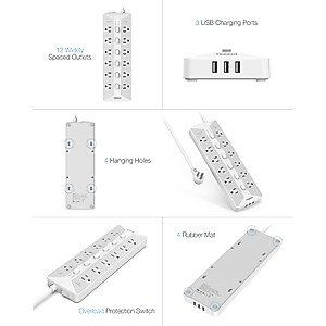 Power Strip with USB, Individual Switches, TESSAN 12 Outlets and 3 USB Ports, Long Extension Cord 6 Feet with Surge Protector for Home, Dorm and Office Accessories, 1700J Protection, Gray