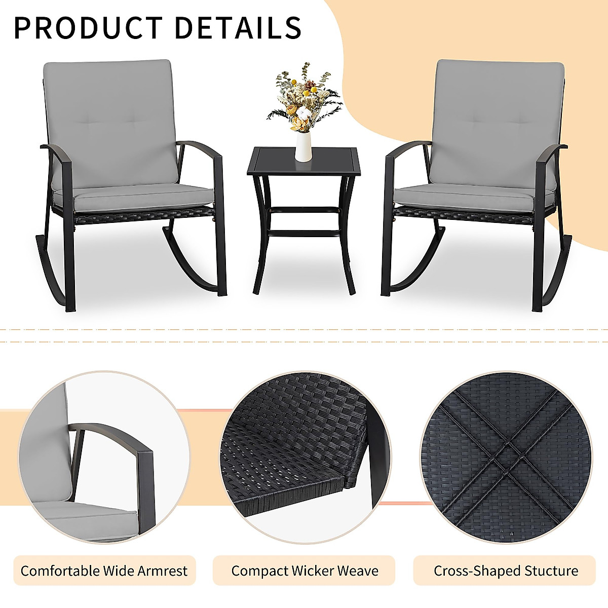 Walsunny 3 Pieces Patio Set Outdoor Wicker Patio Furniture Sets Modern Rocking Bistro Set Rattan Chair Conversation Sets with Coffee Table (Grey)