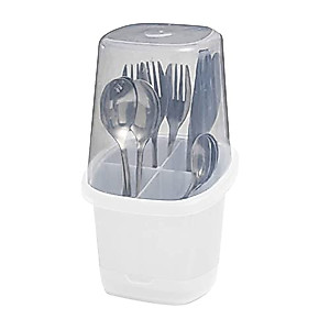 Toledo Covered Cutlery and Utensil holder, Flatware Plastic Caddy Organizer for Silverware with Cover top Perfect for Kitchen, picnic, home, BBQ, Party, Camping, Outdoor and Restaurant (White)