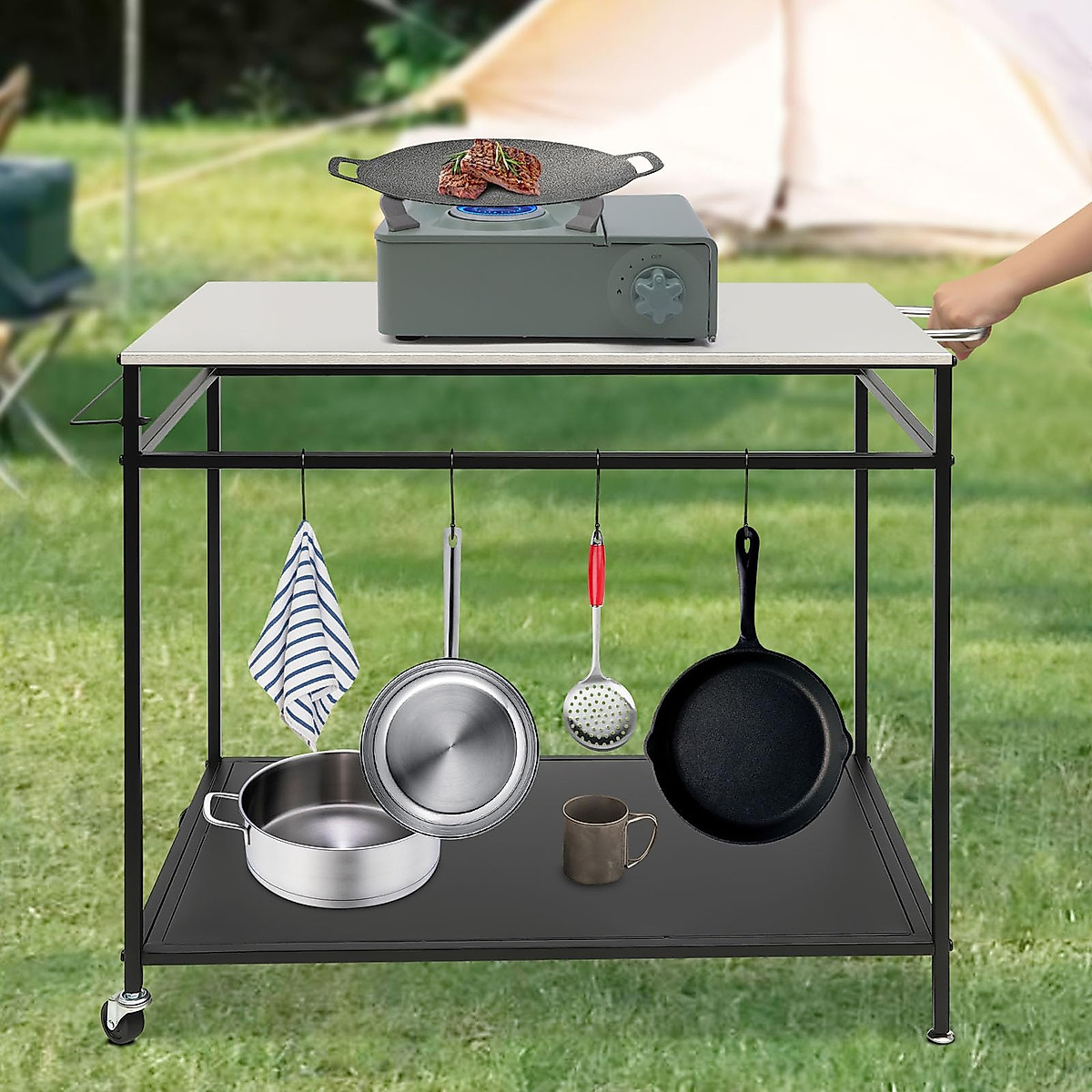 CheriMuMu Outdoor Movable Cooking Table, Double-Shelf Movable Grill Cart Outdoor Pizza Oven Table Stand Trolley Worktable Trolle with 2 Wheels and 4 Hooks for Kitchen, Outside or Backyard Patio