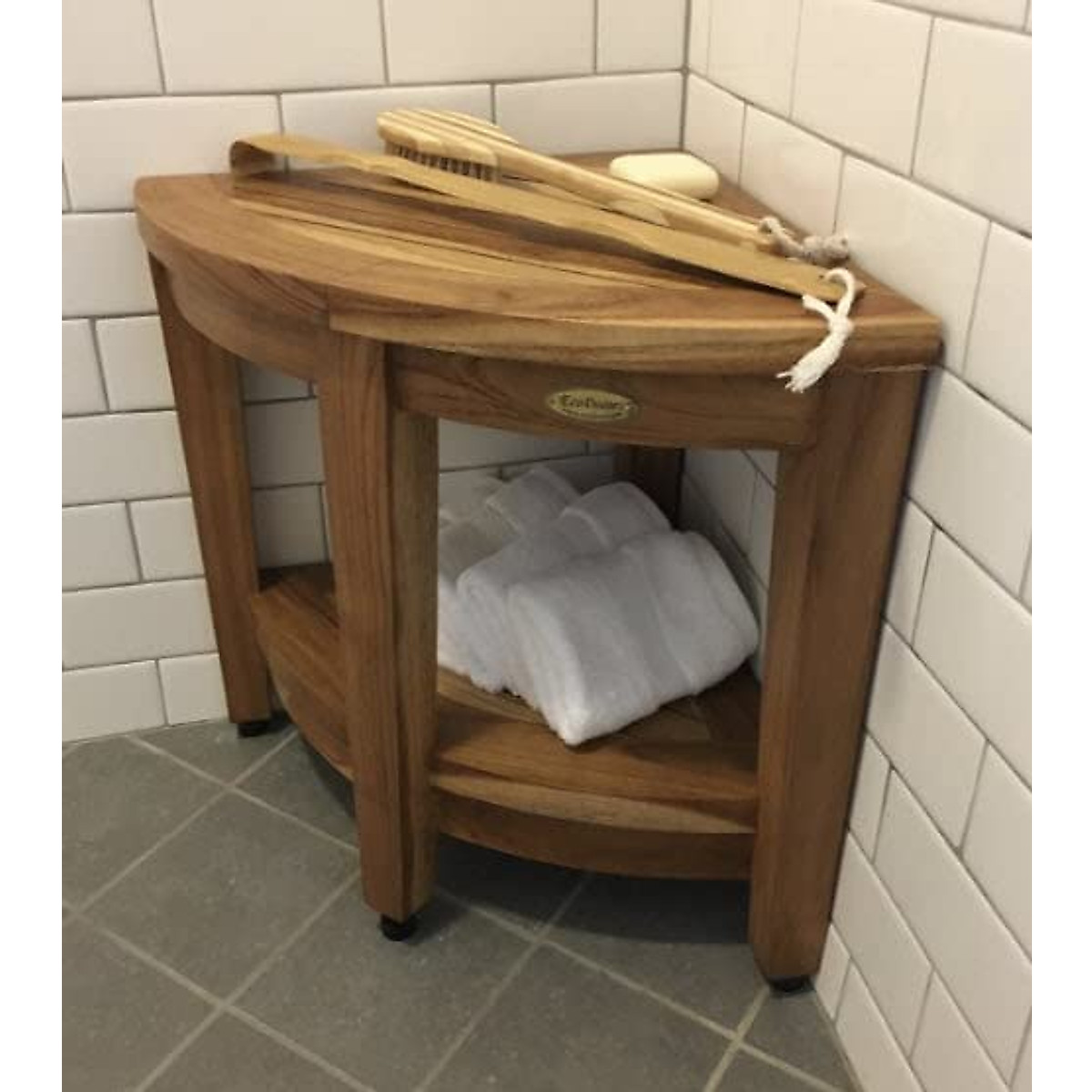 EcoDecors Snazzy Corner Teak Shower Corner Stool 2-Tier Wood Corner Shower Seat Spa Bench with Shelf,18 Inch Corner Stool For Shower in Earthy Teak Finish