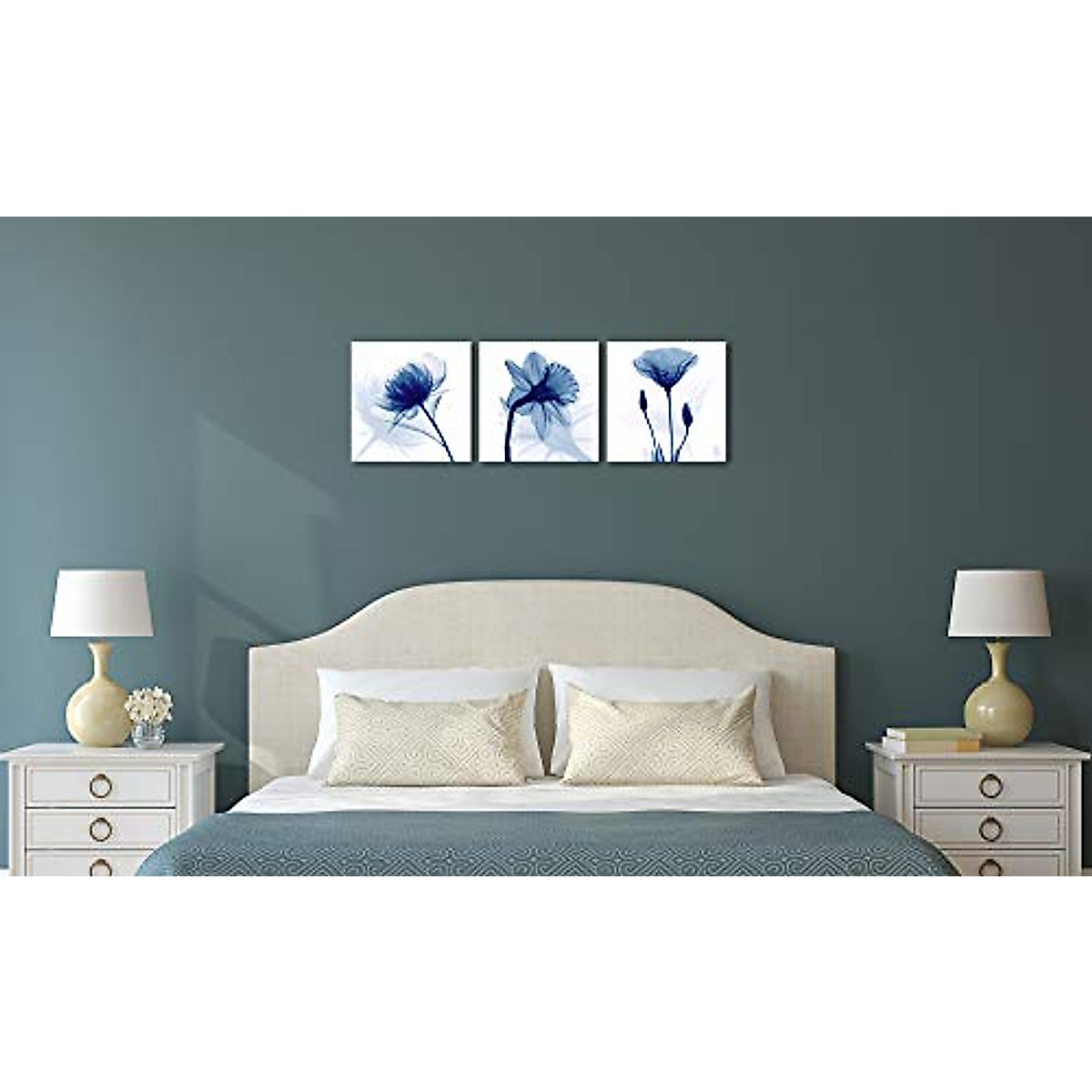 Wieco Art Blue Abstract Flowers 3 Panels Giclee Canvas Prints Wall Art Modern Pictures Artwork for Living Room Bedroom and Home Decorations