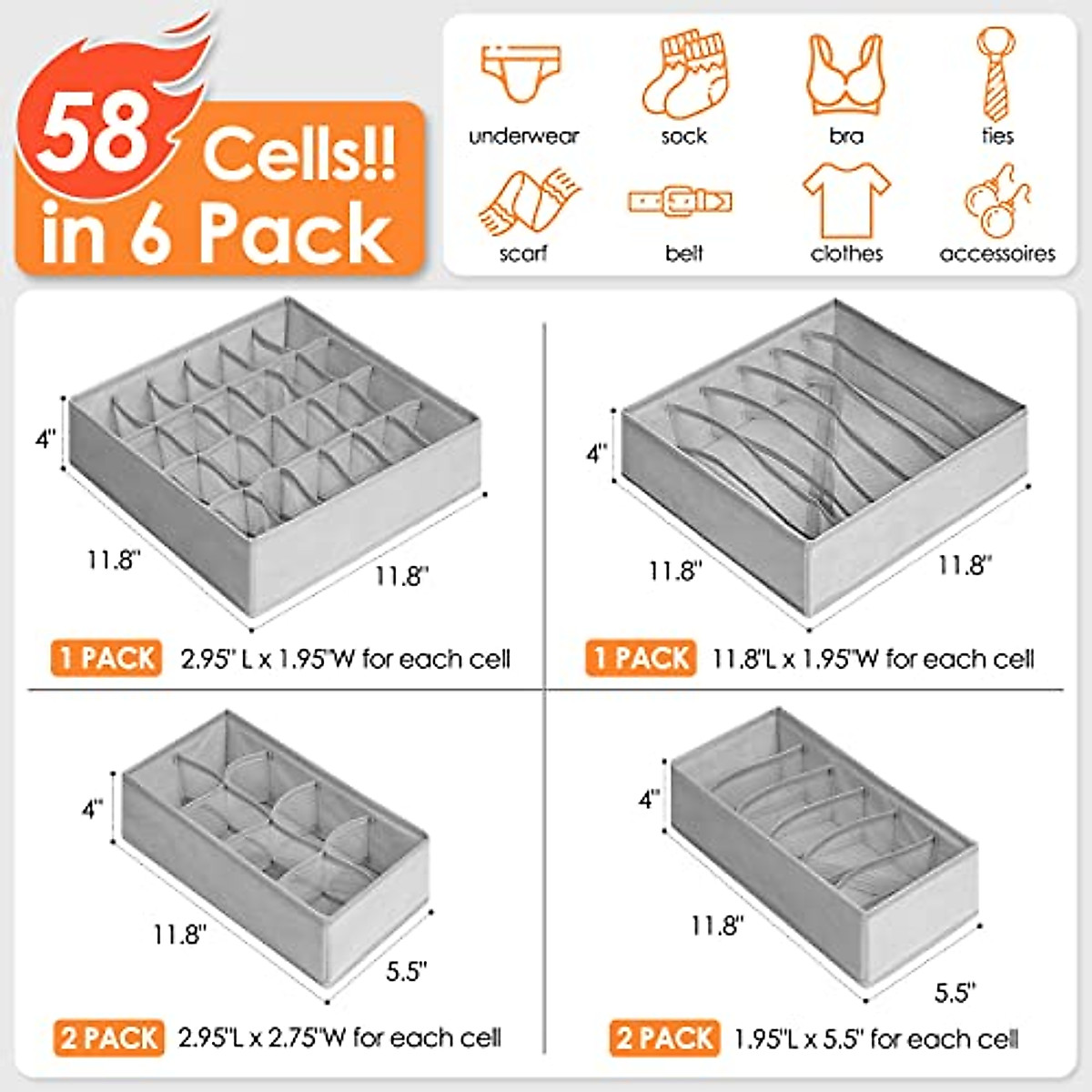 Criusia 3 Pack Large 17 Grids Closet Organizers and Storage with Handles and 6 Pack 58 Cell Sock Underwear Organizer Dividers