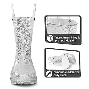 K KomForme Girls Rain Boots,Kids Glitter Waterproof Boots with Easy-on Handles Silver