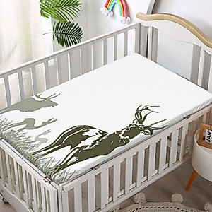 Antlers Themed Fitted Crib Sheet,Standard Crib Mattress Fitted Sheet Toddler Bed Mattress Sheets-Crib Mattress Sheet or Toddler Bed Sheet, 28“ x52“,Army Green Sage Green White
