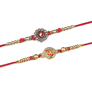 ARTISENIA Set of 2 Rakhi for Brother with Raksha Bandhan Greeting Card | Roli Chawal Tika - Raksha Bandhan Ek Onkar Rakhi for Brother | Rakhi for Bhaiya | Ganesha Rakhi Thread RNJ0025