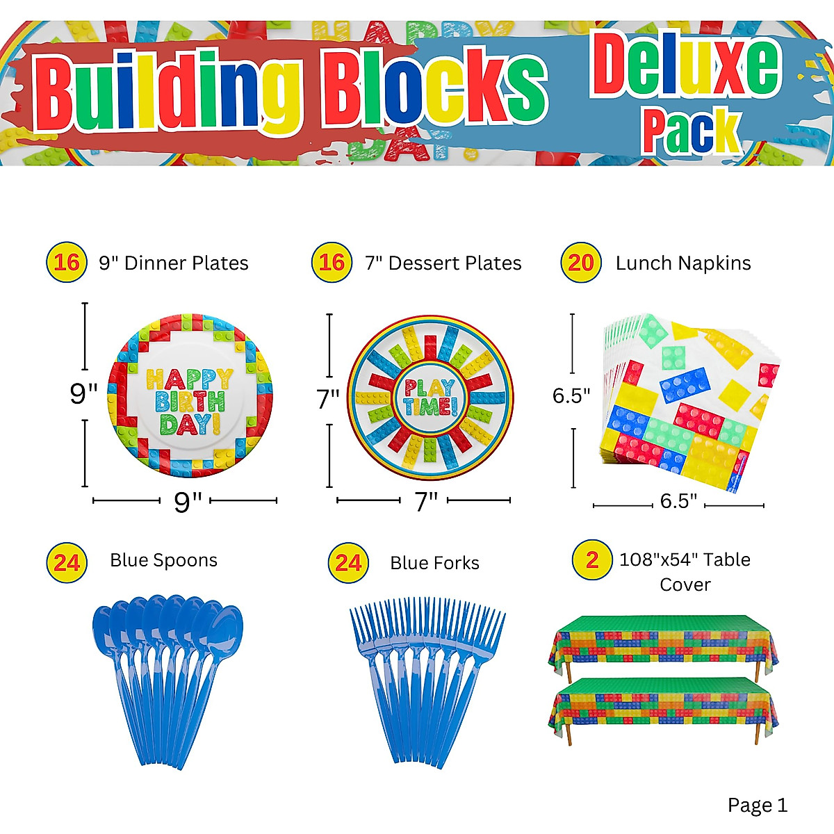 Building Block Deluxe Party Supplies Pack (137 Pieces for 16 Guests) - Brick Party Supplies, Gamer Birthday Decorations, Gamer Party Supplies , Blocks Party Decor, Brick Birthday, Blue Orchards