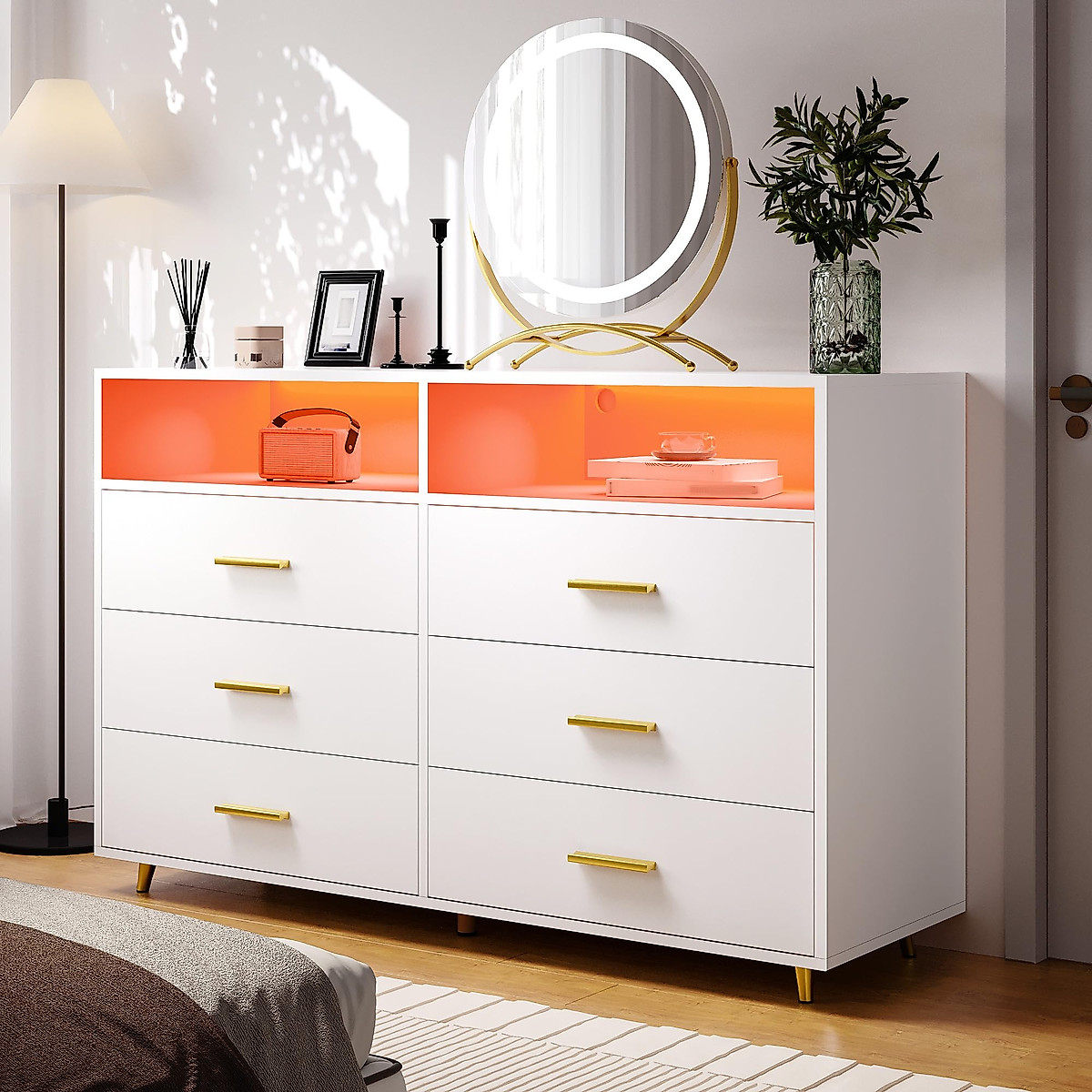 EnHomee Dresser for Bedroom, White Dresser with LED, Chests of Drawers, 6 Drawers & 2 Shelves for Bedroom, Wood Chests of Drawers, Large Space Saver Furniture