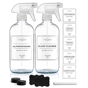 Vine Creations Glass Spray Bottles, 2 Pack Refillable Spray Bottles for Cleaning Solutions, Clear Spray Bottle for plants, Water Spray Bottle Sprayer, Glass Spray bottles 16 oz with Waterproof Labels
