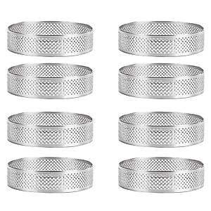 Nebel 8Pcs Stainless Steel Tart Ring, Heat-Resistant Perforated Cake Mousse Ring Round Double Rolled Tart Ring Metal Mold 10cm