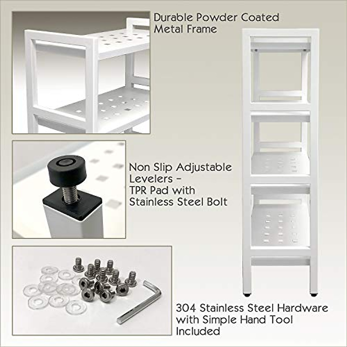 Anthology Spa Asta 4-Tier Free Standing Rectangular Bathroom Utility Storage Shelf Rack, Powder-Coated Metal Storage Shelf Stand, B302 (Pure White), 22 inches(W) x 11 inches(D) x 40 inches(H)