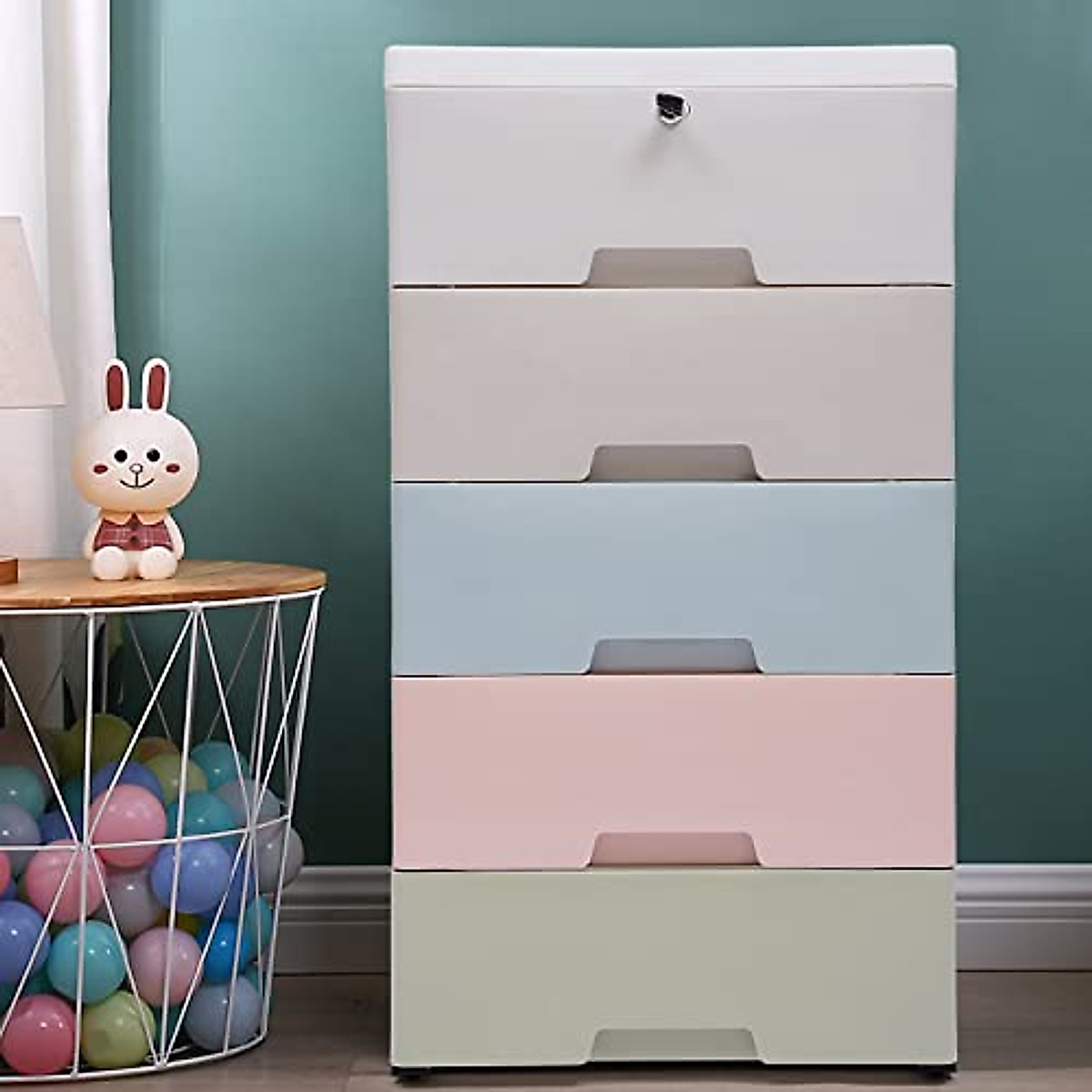 WOQLIBE Plastic Dresser 5 Drawers,Plastic Drawers Dresser 5 Drawers Storage Cart Organizer with Wheels,Storage Cabinet Drawers Organizer for Clothes/Toys Bedroom Playroom,1 Locker,Colorful
