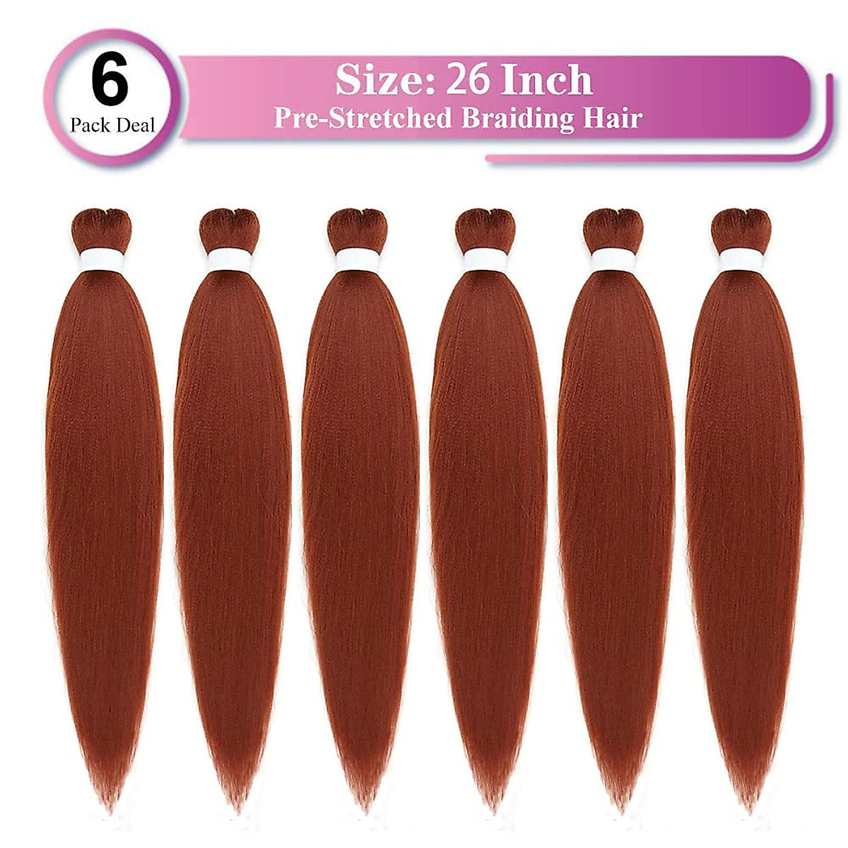 Ginger Braiding Hair Pre Stretched 26 Inches Copper EZ Braiding Hair Yaki Texture 6 Packs/Lot Braids Hot Water Setting Professional Synthetic Braiding Hair for Box Crochet Hair Extensions (#350)