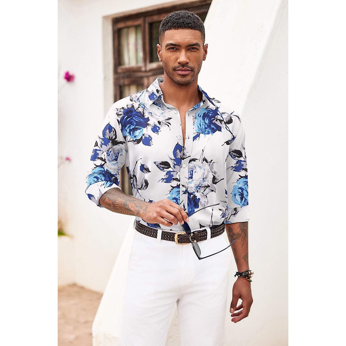 COOFANDY Men's Slim Fit Floral Dress Shirt Long Sleeve Casual Button Down Shirts (01_White&Blue, Small)