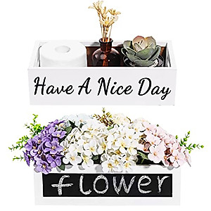 Lewondr Bathroom Decor Box, with Graffiti Board 2 Sides Handles Wood Toilet Tank Top Storage Tray, Vintage Wooden Organizer for Tissues for Farmhouse Kitchen Bathroom Decor - White