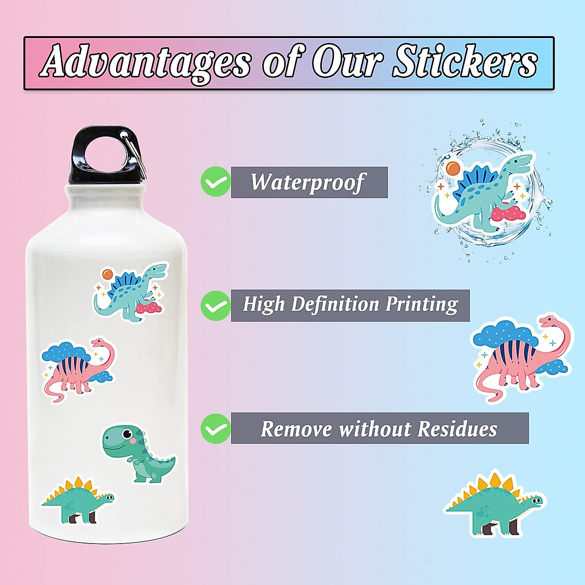 100PCS Cute Dinosaur Stickers for Kids, Waterproof Vinyl Water Bottle Stickers Phone Skateboard Hydro Flask Notebooks Laptop Sticker Packs