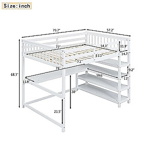 BOVZA Wood Loft Bed with Desk and Shelves, Full Size Loft Bed with Storage Shelves and Under-Bed Desk, Bed Frame for Kids Teens Adult, White