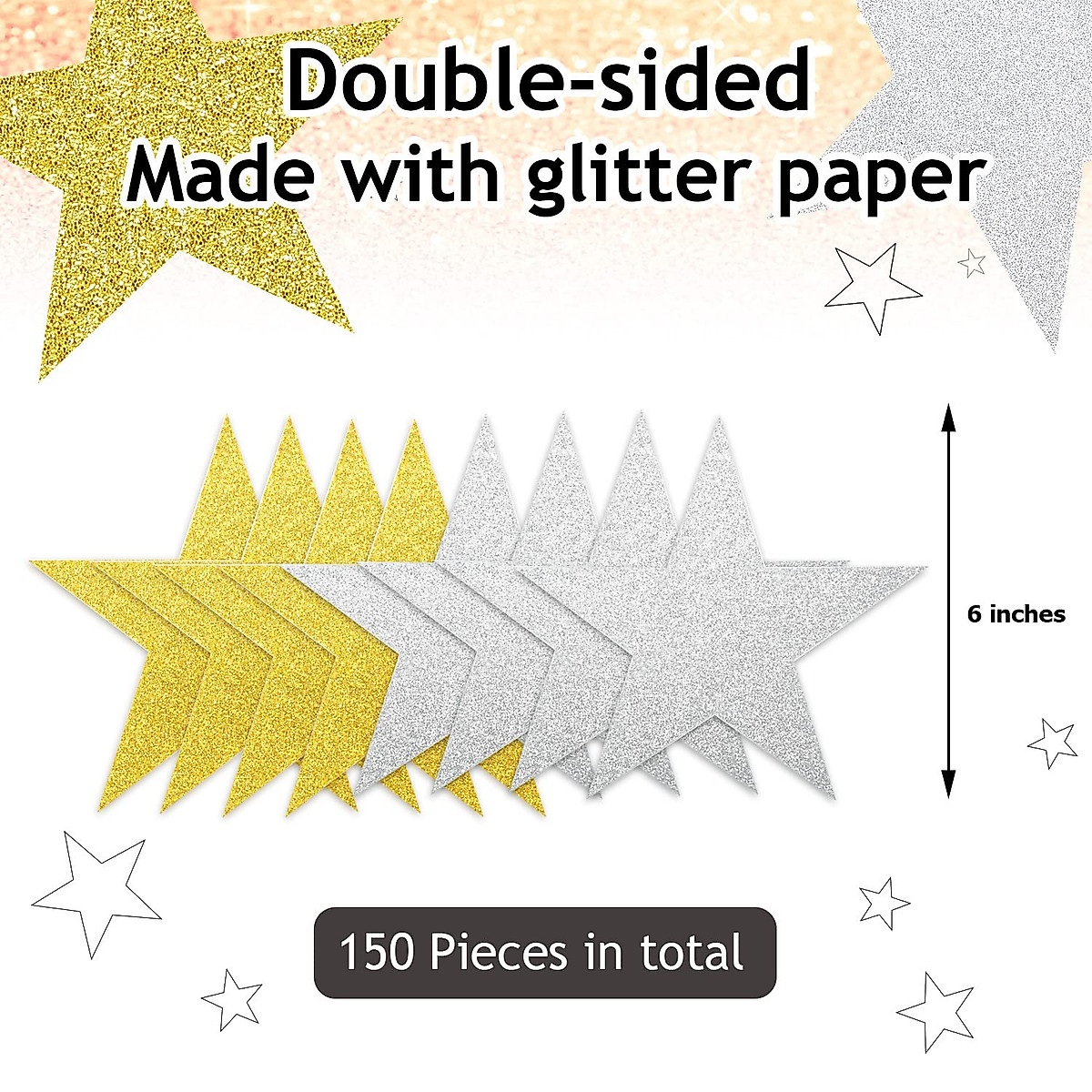150 Pcs Glitter Stars Paper Confetti Wedding Party Decor Cutouts Confetti Stars Small Stars for Bulletin Board Shimmer Stars Accents for Classroom Wall Decor, 6 Inches (Gold and Silver)
