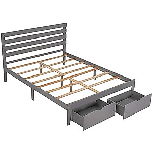 DUNTRKDU Queen Size Pine Platform Bed Frame with 2 Storage Drawer, Modern Classic Platform Bed with Headboard/Wood Slats Support/Easy Assemble for Bedroom Apartment Girls Boys Teens (Gray, Queen)