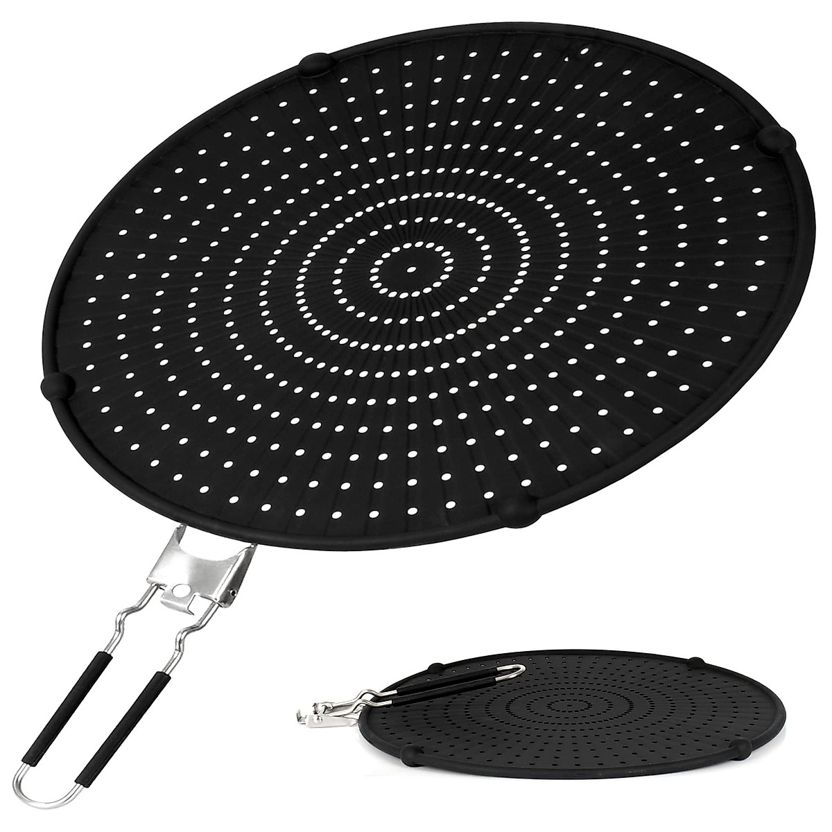 Silicone Splatter Screen for Frying Pan 13”, Foldable Grease Splatter Guard Heat Resistant Oil Splash Guard - Stop Hot Oil Splatter, Pan Strainer, Pan Cover, Non Stick, Multi-Use, Black