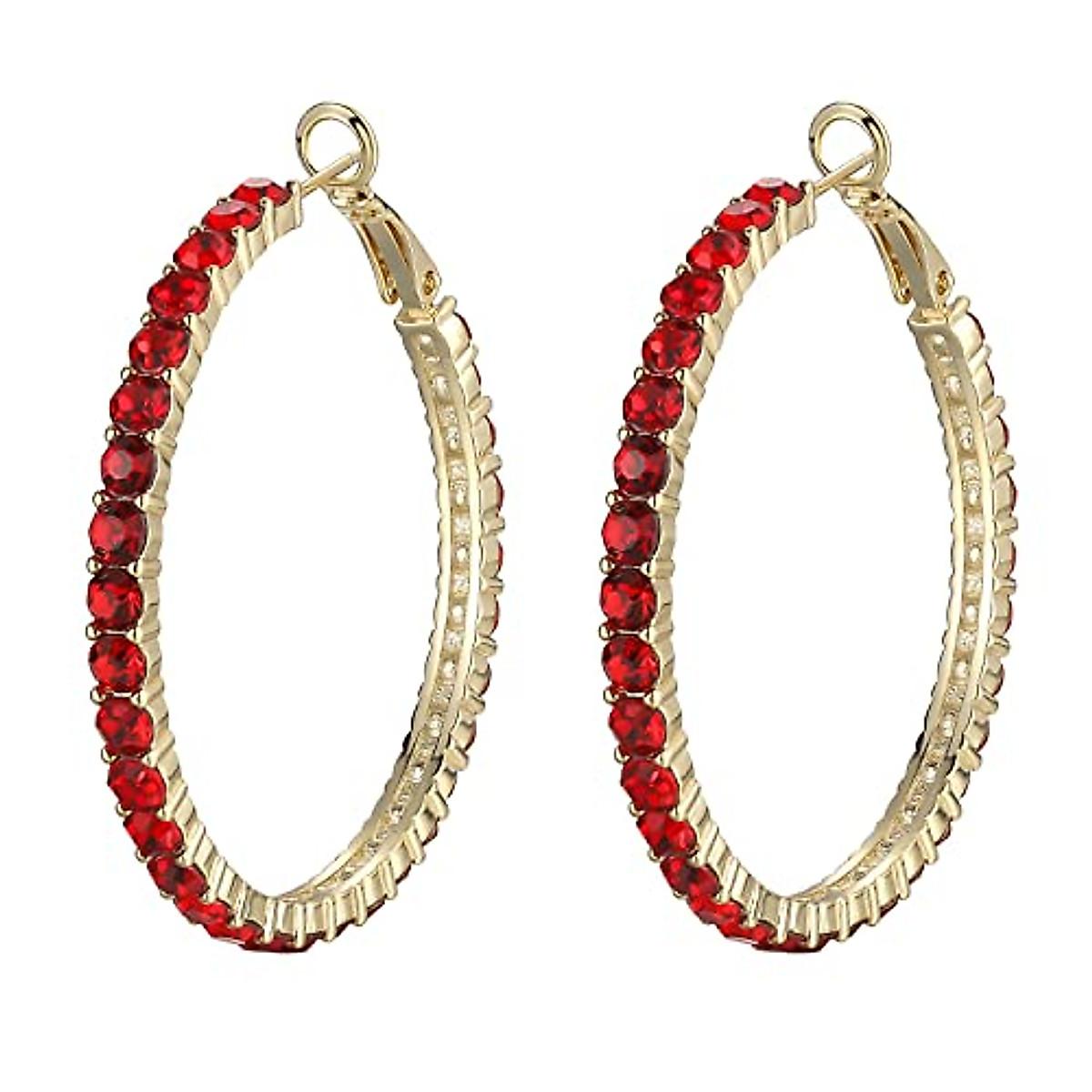 SELOVO Hoop Earrings Red Crystal Hoop Earrings 1.8" Gold Tone