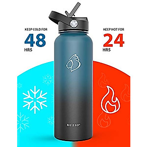 BUZIO Water Bottle with Straw Lid and Flex Cap, 40oz Modern Double Vacuum Stainless Steel Water Flask, Cold for 48 Hrs Hot for 24 Hrs Simple Thermo Canteen Mug, Indigo Black