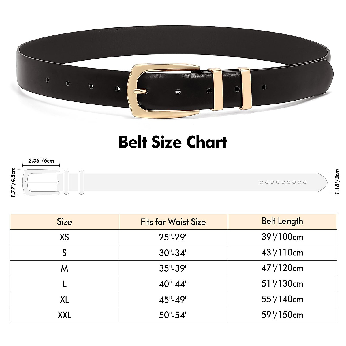 WHIPPY Women's Leather Belts for Jeans Pants Fashion Ladies Belt Gold Buckle Belts for Women, Black, XS