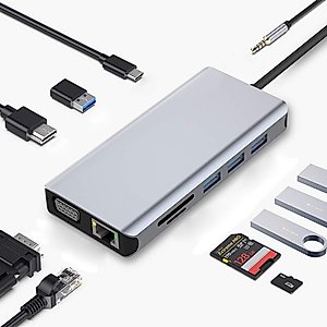 HRYHY USB C Hub, 9-in-1 USB C Adapter with 4K USB C to HDMI,USB C Charging, VGA, 2 USB 3.0, SD/TF Card Reader,Gigabit Ethernet, Compatible for MacBook Pro, XPS More Type C Devices