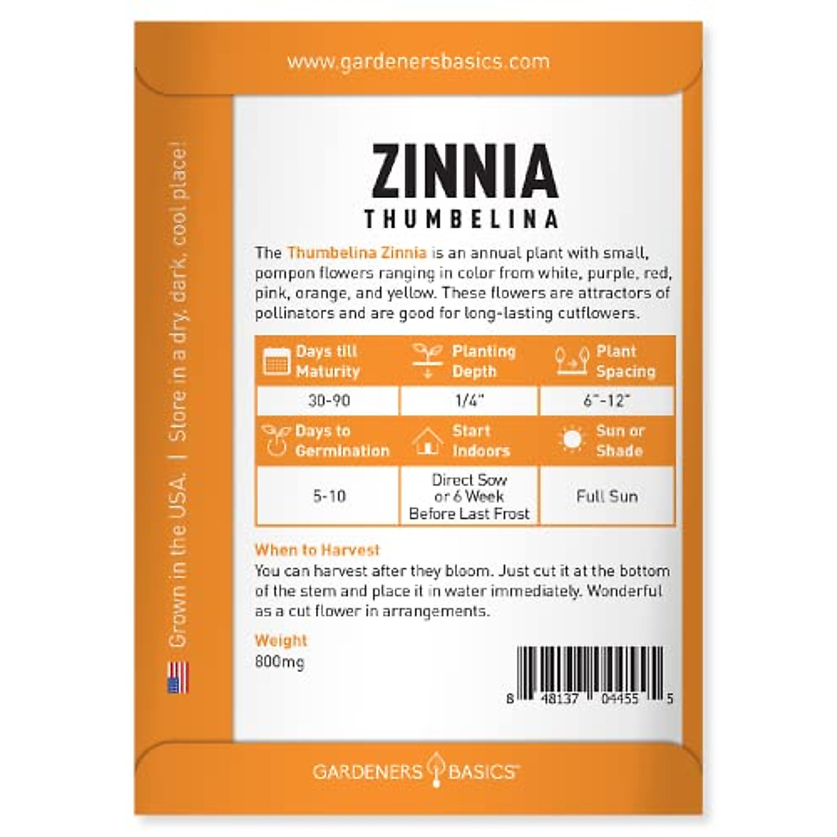 Zinnia Seeds for Planting Outdoors Flowers (Thumbelina) - Flower Seed Packet Annual Flower Heirloom, Non-GMO Variety- 800mg Seeds Great for Summer Seeds for Flower Gardens by Gardeners Basics