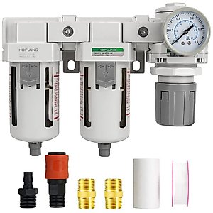 1/2" NPT Air Dryer System, 5 Micron Particulate Filter, 0.5＆0.01 Micron Coalescing Filters, Air Pressure Regulator Combo, 0-150 psi Gauge, Semi-Auto Drain, Poly Bowl, Metal Bracket