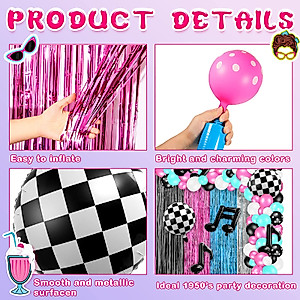 Jecery 122 Pcs 50's Music Theme Birthday Party Decorations Karaoke Rose Red Blue Black Tinsel Curtains Music Note Balloons Karaoke Music Party Supplies Photo Backdrop
